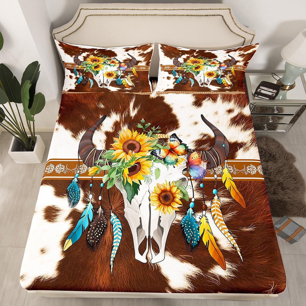 Brown Cowhide Western Bed Sheets Queen,Sugar Skull Sheets Boho ...