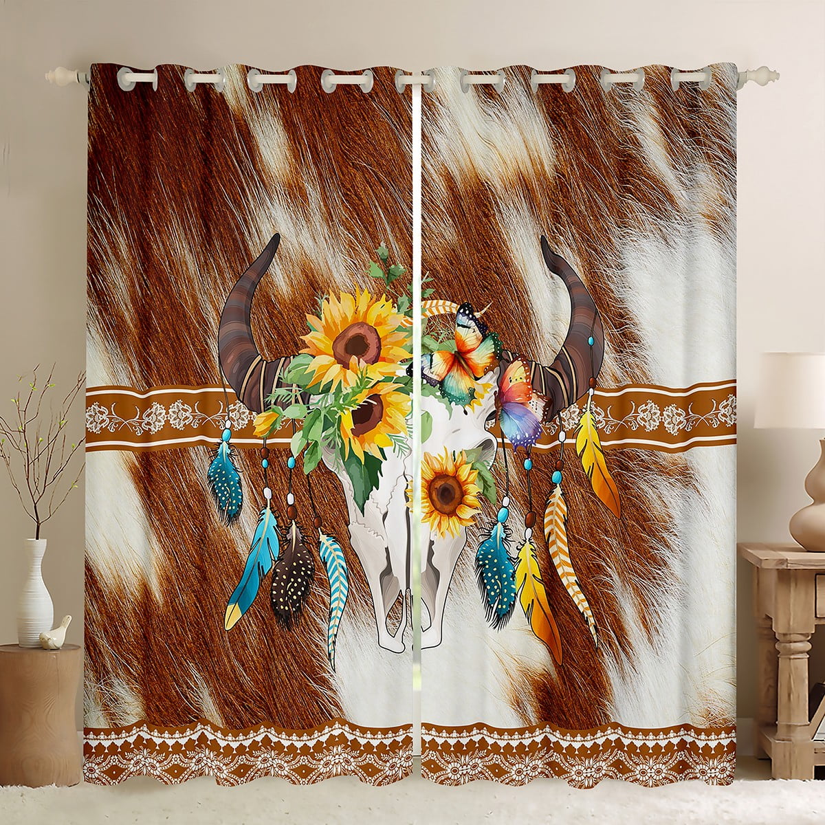 Brown Cowhide Western Curtains & Drapes,Bull Skull Curtains Bohemian ...