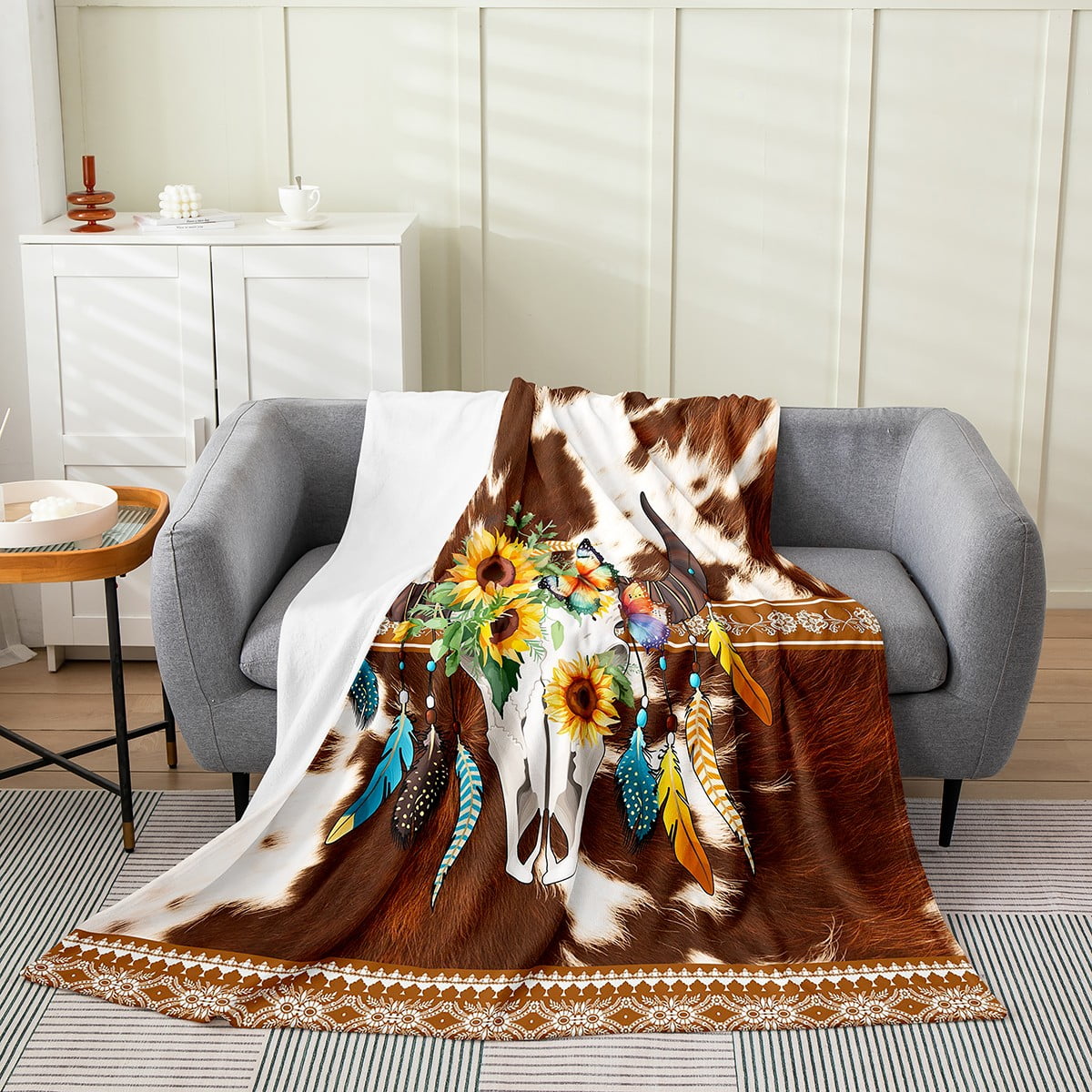 Brown Cowhide Western Throw Blanket 30x40 inch,Bull Skull Fleece ...
