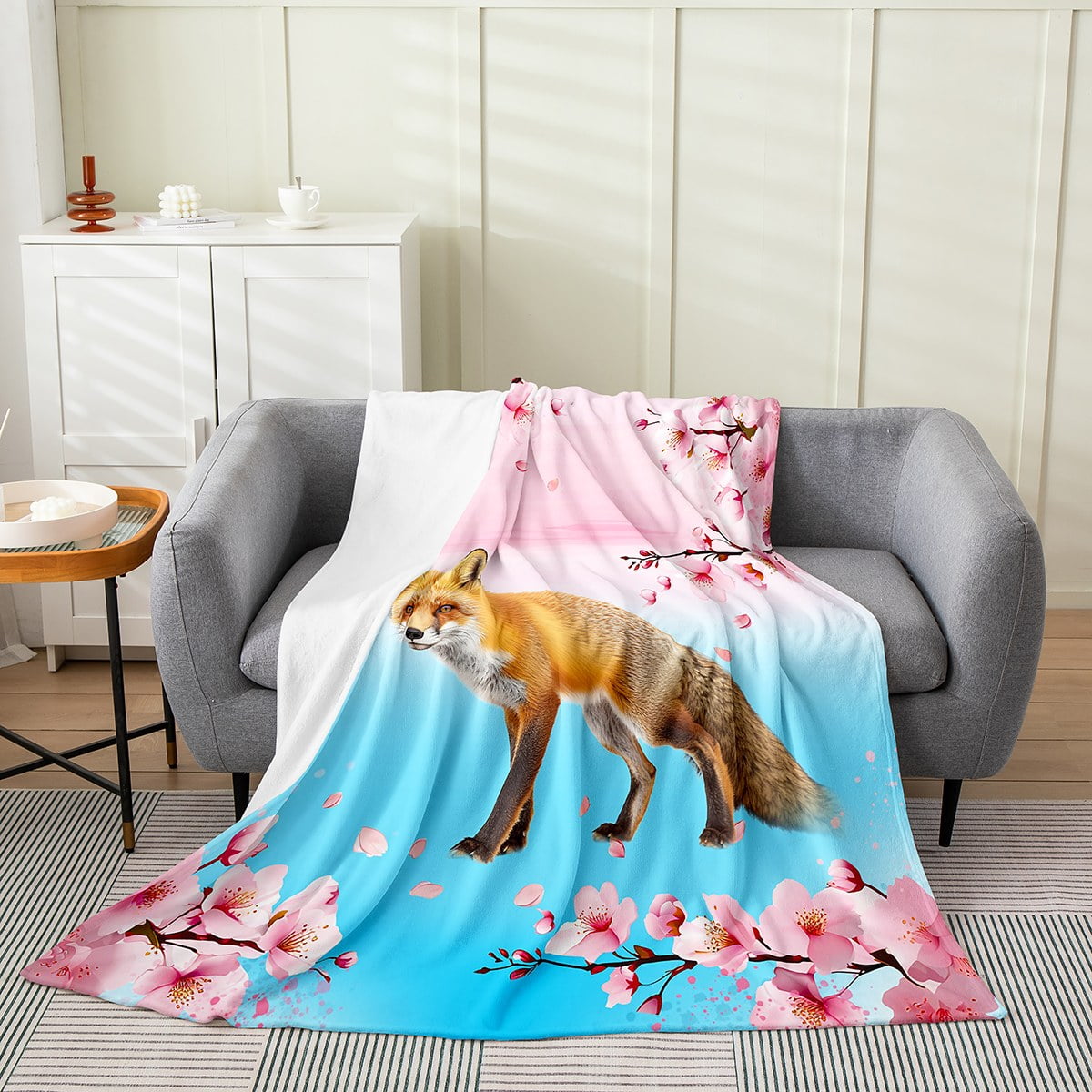 Brown Floral Fox Queen 90x90 Blanket Cute Fox Fleece Blanket Pink ...
