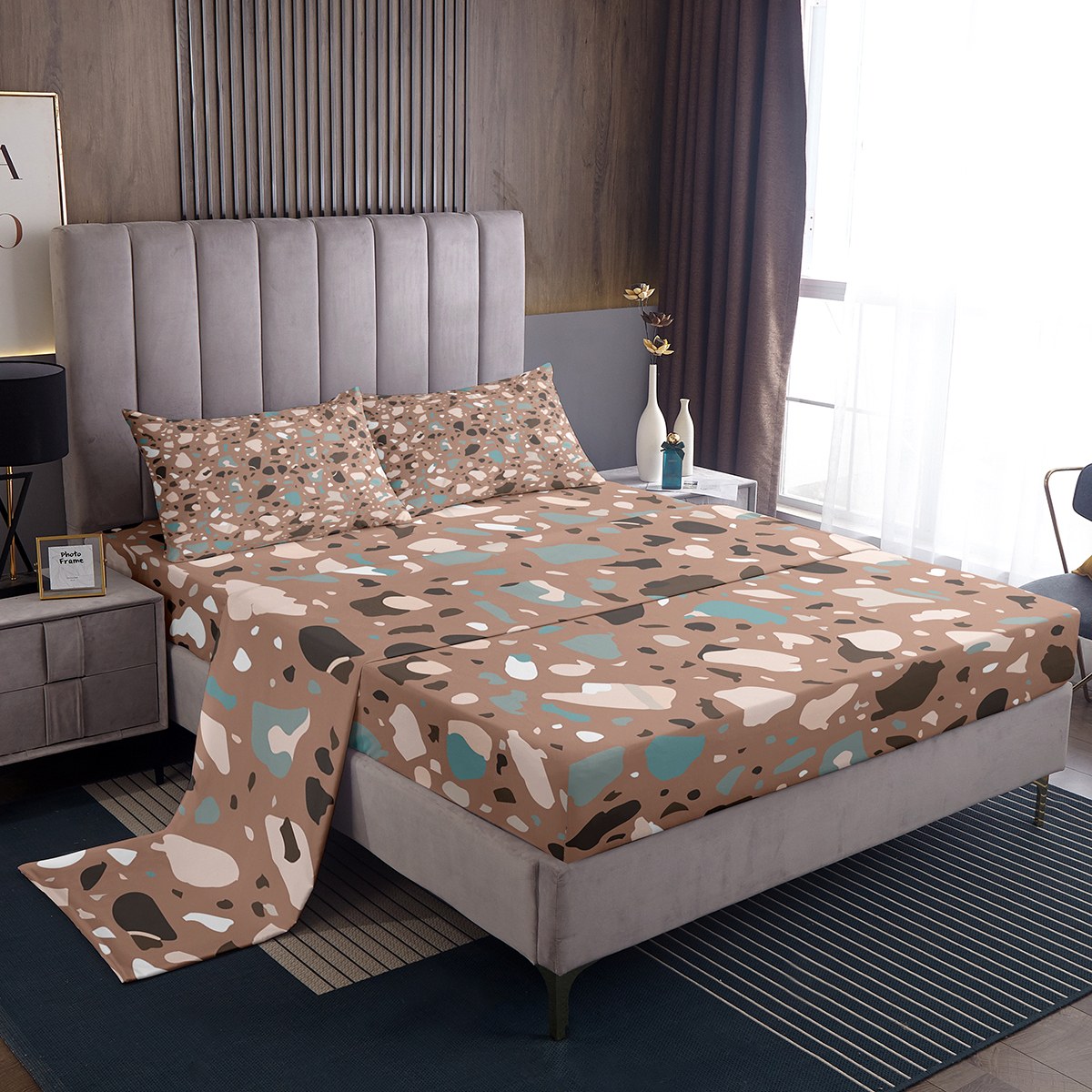 YST Brown Geometry Bed Sheets Set Watercolor Stone Pattern King Size ...