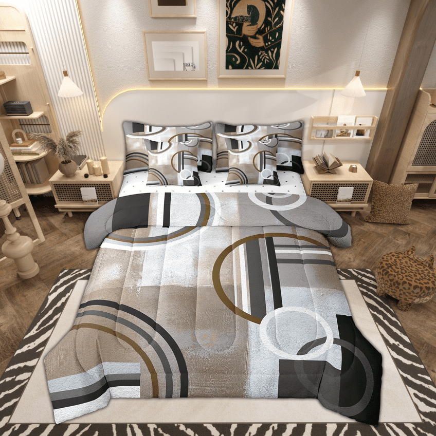 Erosebridal Brown Grey Comforter Set,Geometric Swirls Bedding Set Teens,Ombre Gradient Bed in a ...