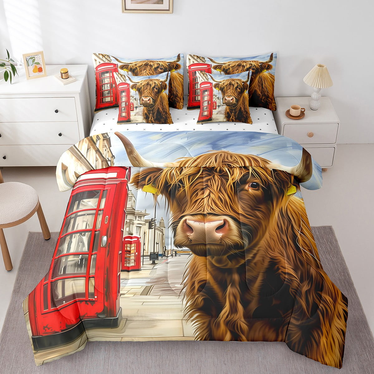Erosebridal Brown Highland Cow Bed in a Bag 7-Piece Teens Cute Farm Animal Queen Size Comforter ...