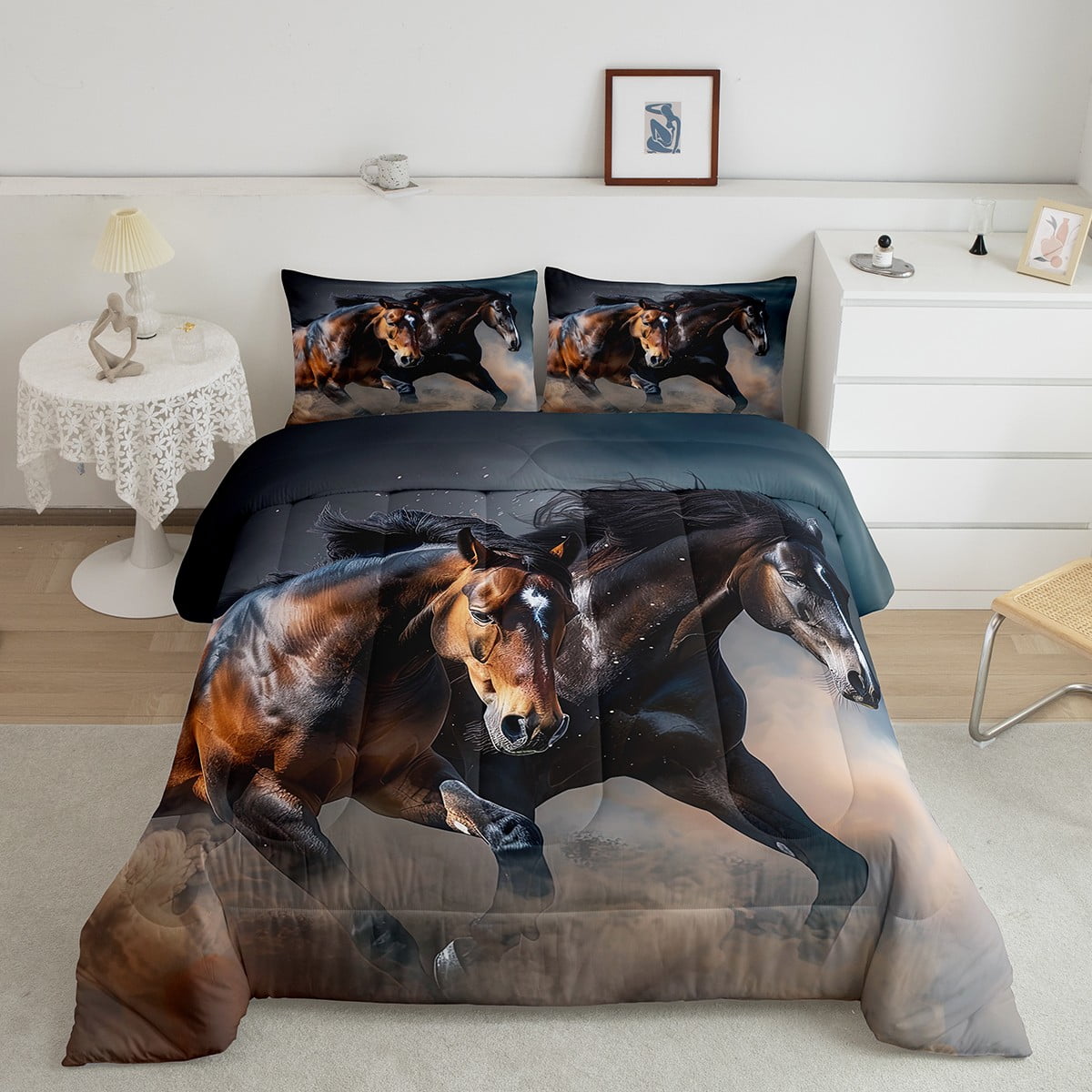 YST Brown Horse Full Bedding Sets Black Galloping Horse Comforter Set ...
