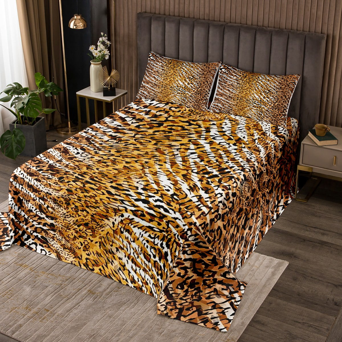 YST Brown Leopard Print Queen Quilt Set Cheetah Coverlet Set, African ...