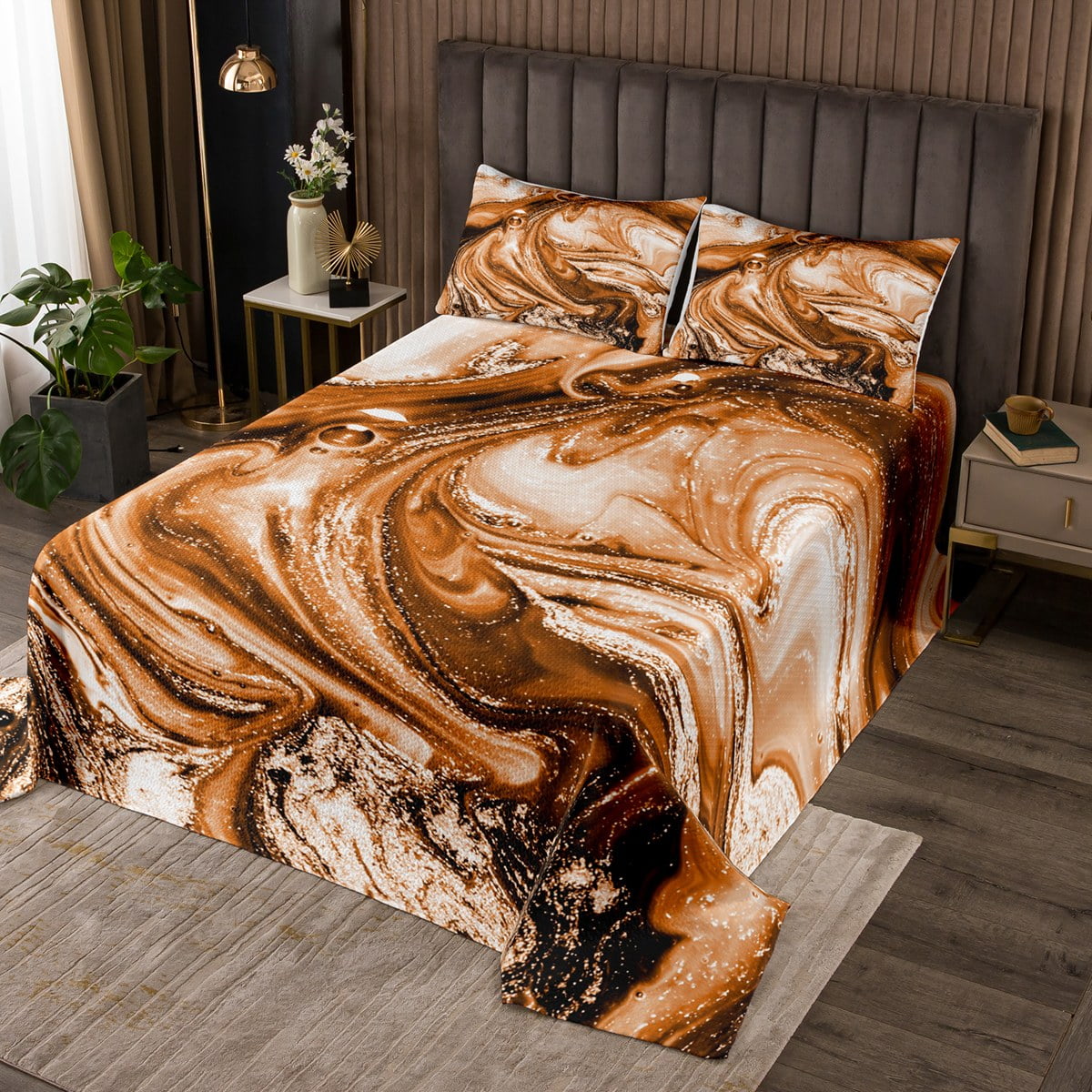 Erosebridal Brown Marble Coverlet Queen Size Orange Watercolor Bedding ...