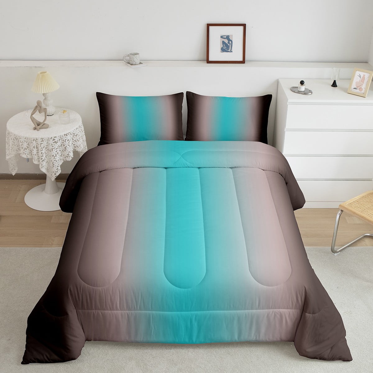Brown and Teal Comforter Set Queen ,Rainbow Ombre Bedding Set Aesthetic ...