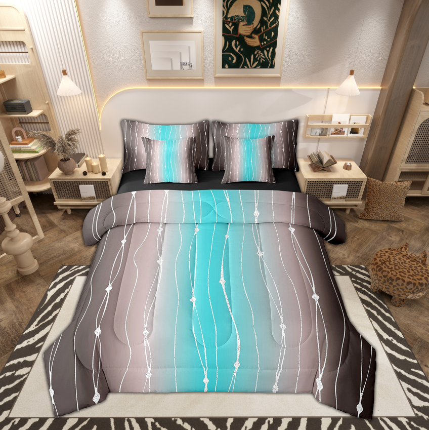 Brown and Teal Ombre Bed in a Bag 7pcs Geometric Abstract Bedding Set ...