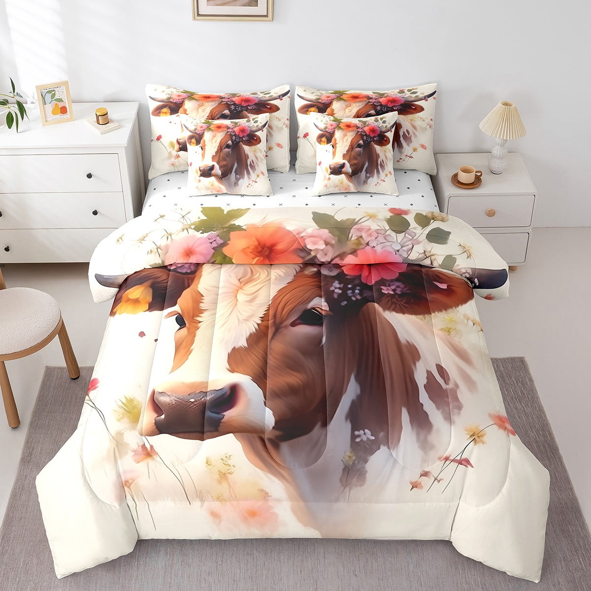 YST Brown White Cow Bed In A Bag 7-Piece For Kids Boys Girls Rainbow ...