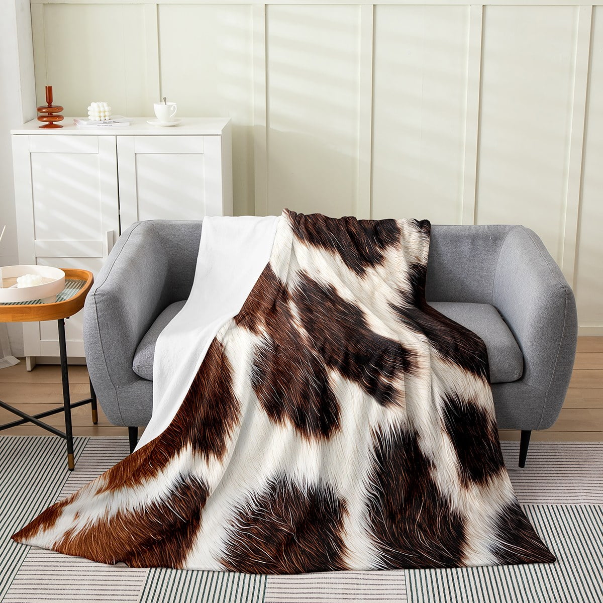YST Brown White Cowhide Blanket,Rustic Cow Print Throw Blanket Queen ...