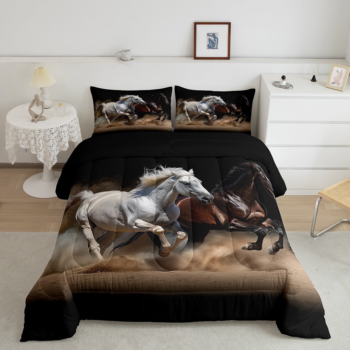 YST Brown and White Galloping Queen Size Comforter Set Farm Horse ...