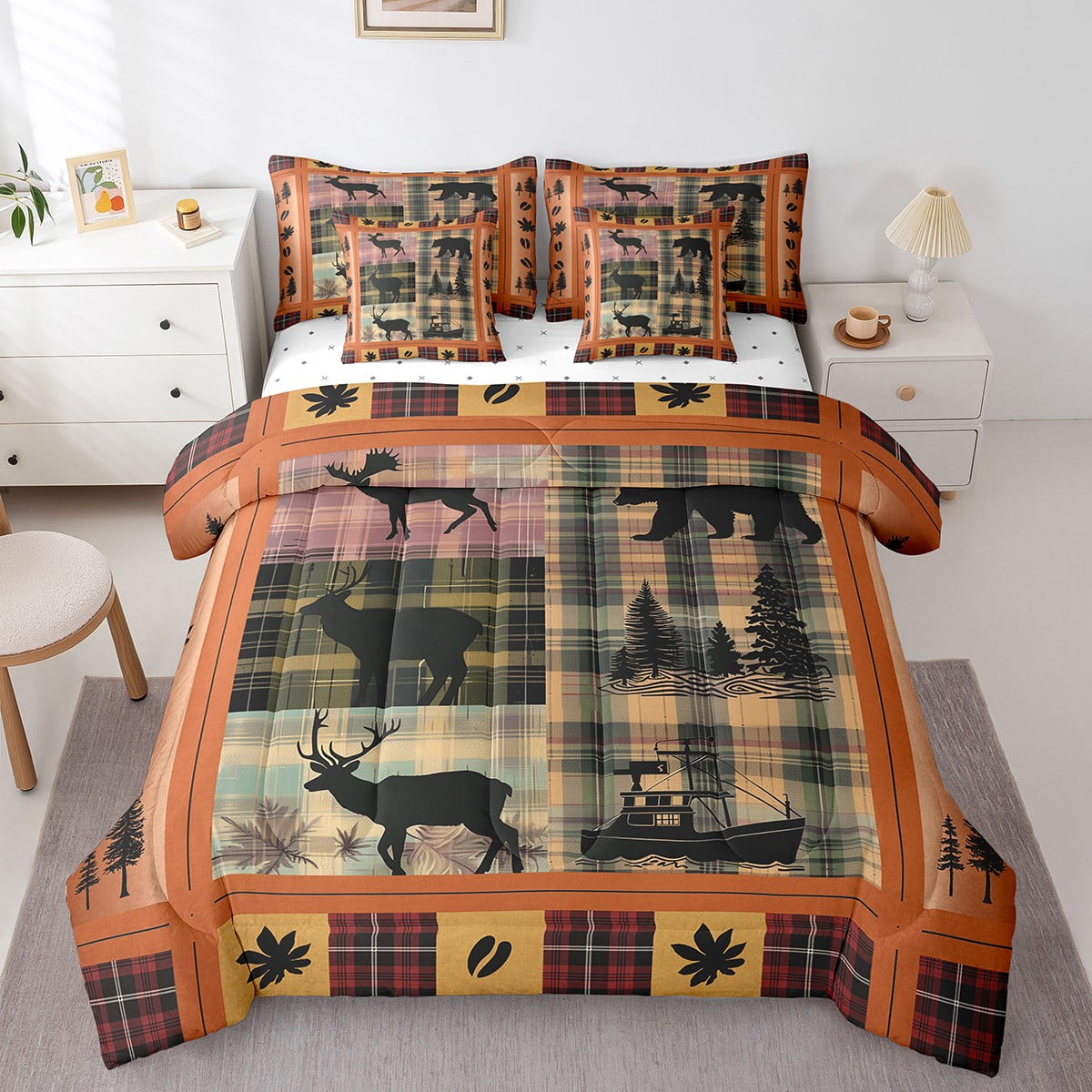 Buffalo Plaid Check Bedding Sets Cabin Camping Decor Bear Elk Deer 7 ...