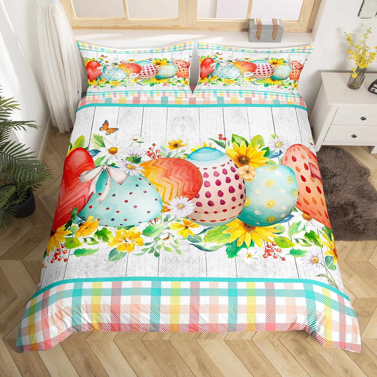 YST Buffalo Plaid Easter Duvet Cover Rustic Daisy Sunflower Egg Easter ...