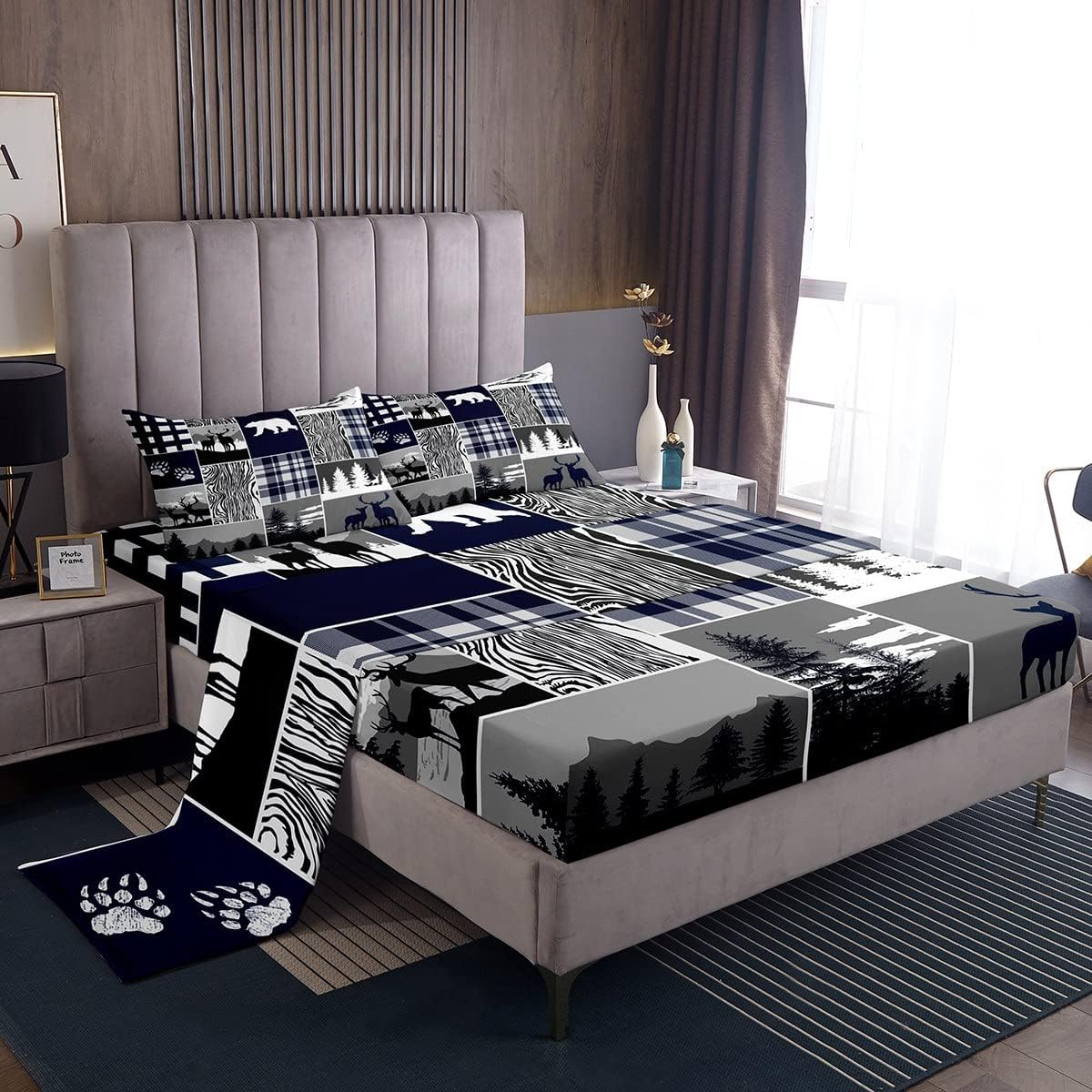 Buffalo Plaid Fitted Sheet , Rustic Woodland Moose Sheet Set Vintage ...