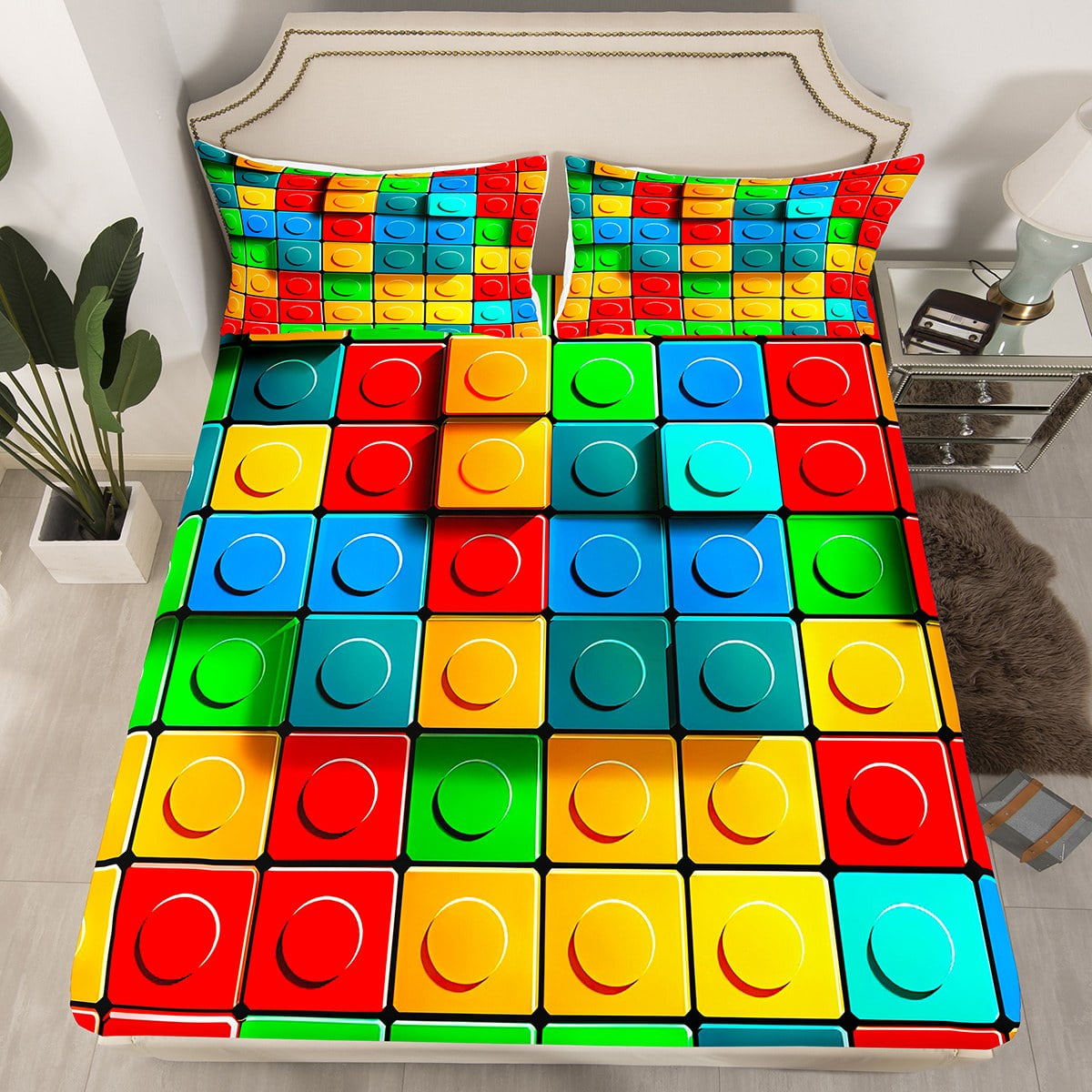 Building Blocks Fitted Sheet Full, Colorful Bed Sheets For Teens, 3D ...