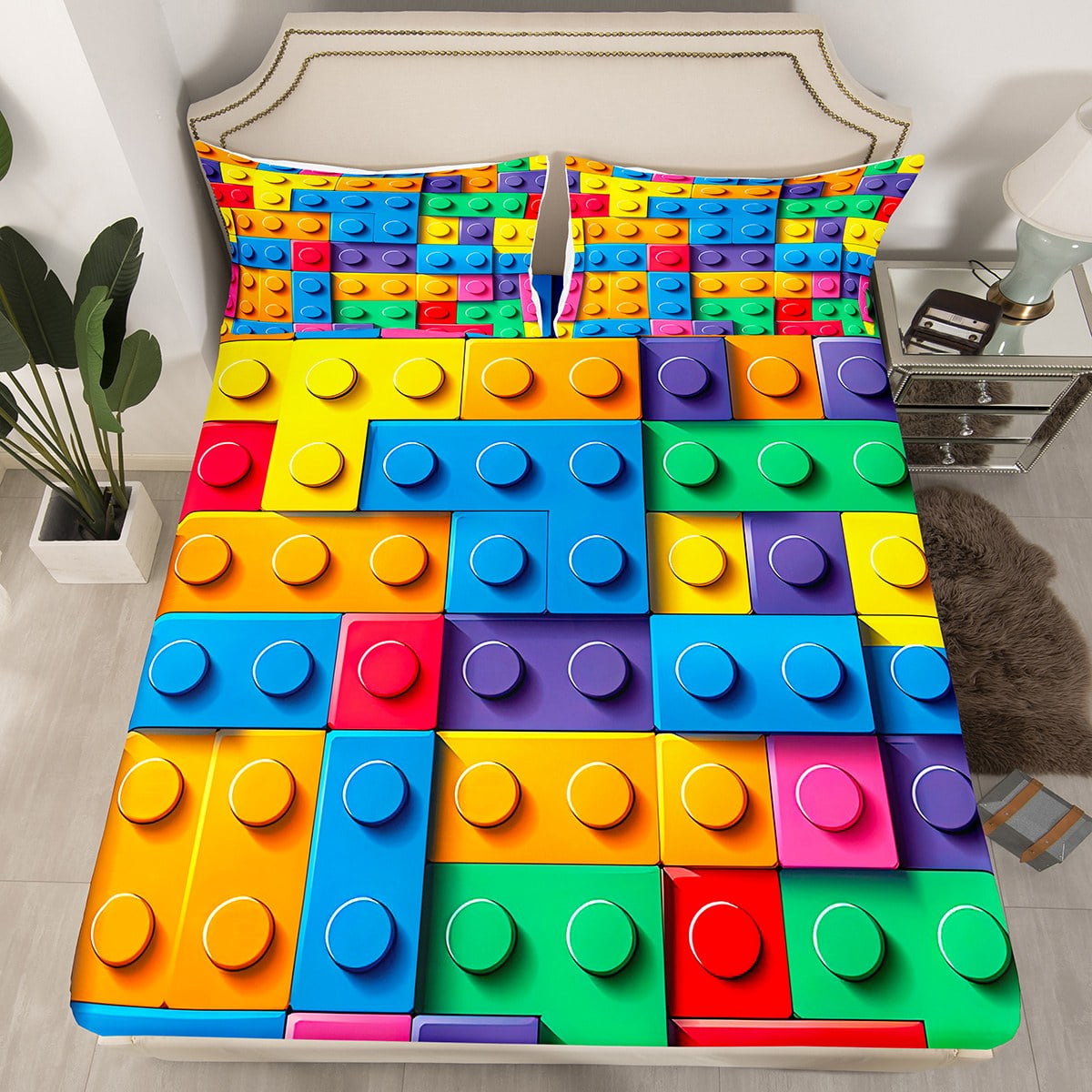 Erosebridal Building Blocks Fitted Sheet Twin, Colorful Bed Sheets, 3D ...