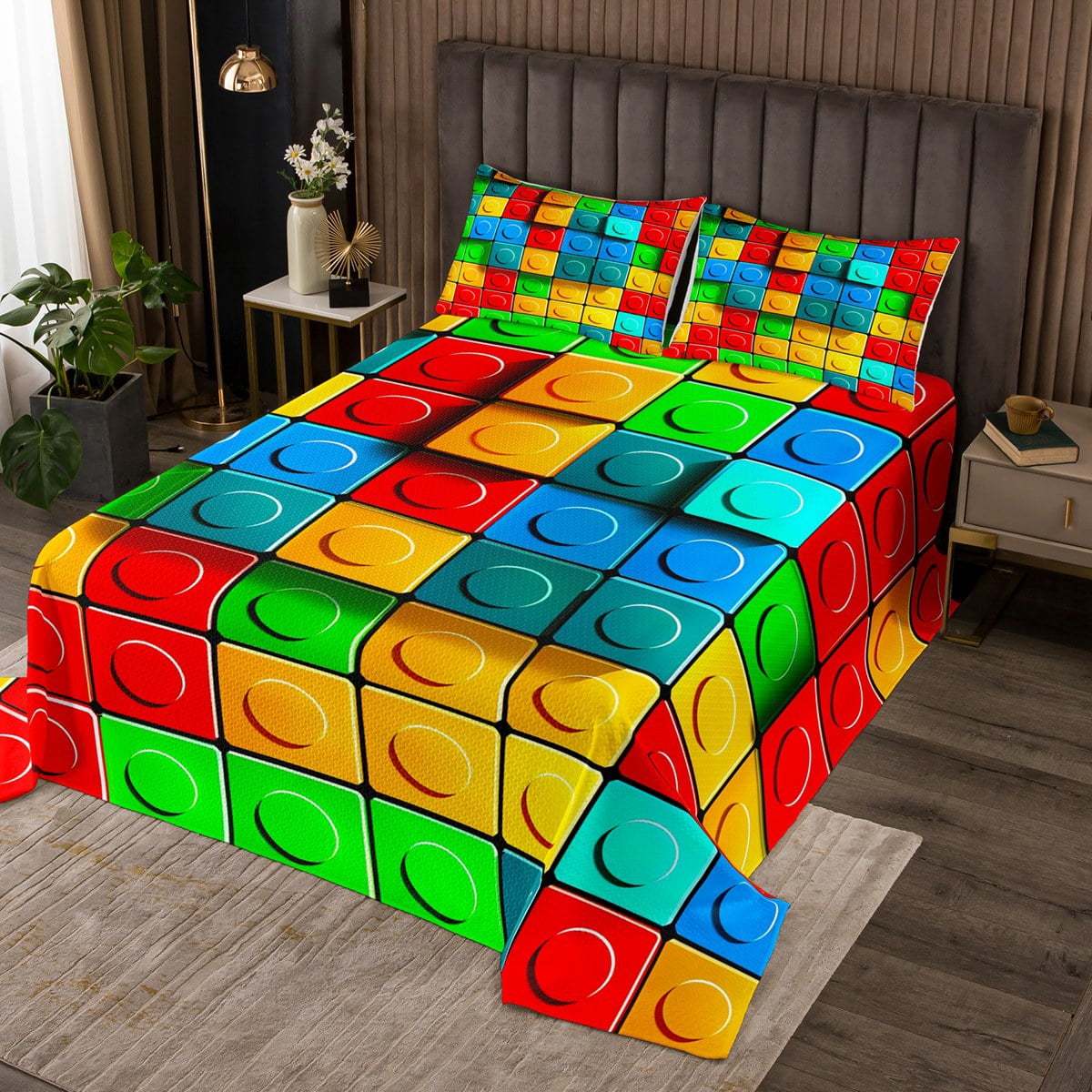 Erosebridal Building Blocks Quilt Set Queen, Colorful Bedspread Set For ...
