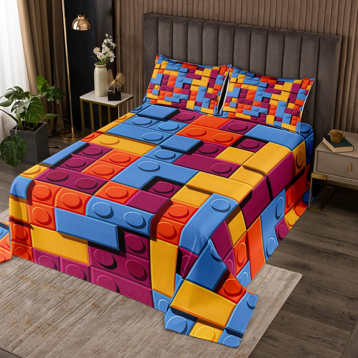 Building Blocks Quilt Set Twin, Colorful Bedspread Set , 3D Rainbow Construction Brick Coverlet ...
