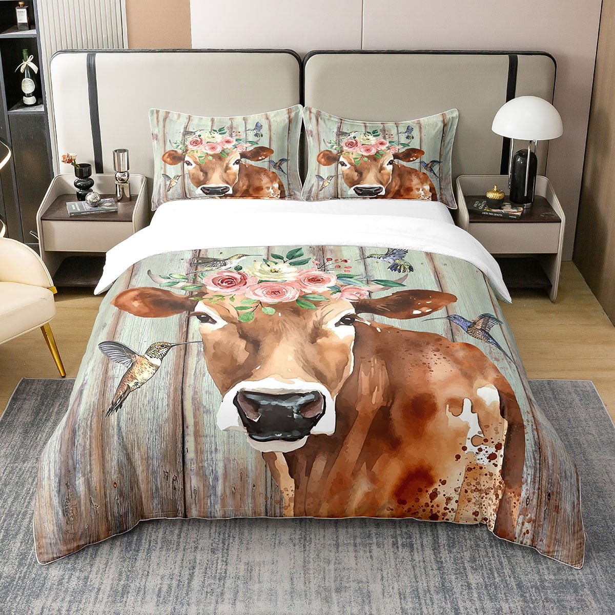 YST Bull Rustic Farmhouse Cattle 100% Cotton Duvet Cover Western Funny Animal Bedding Set ...