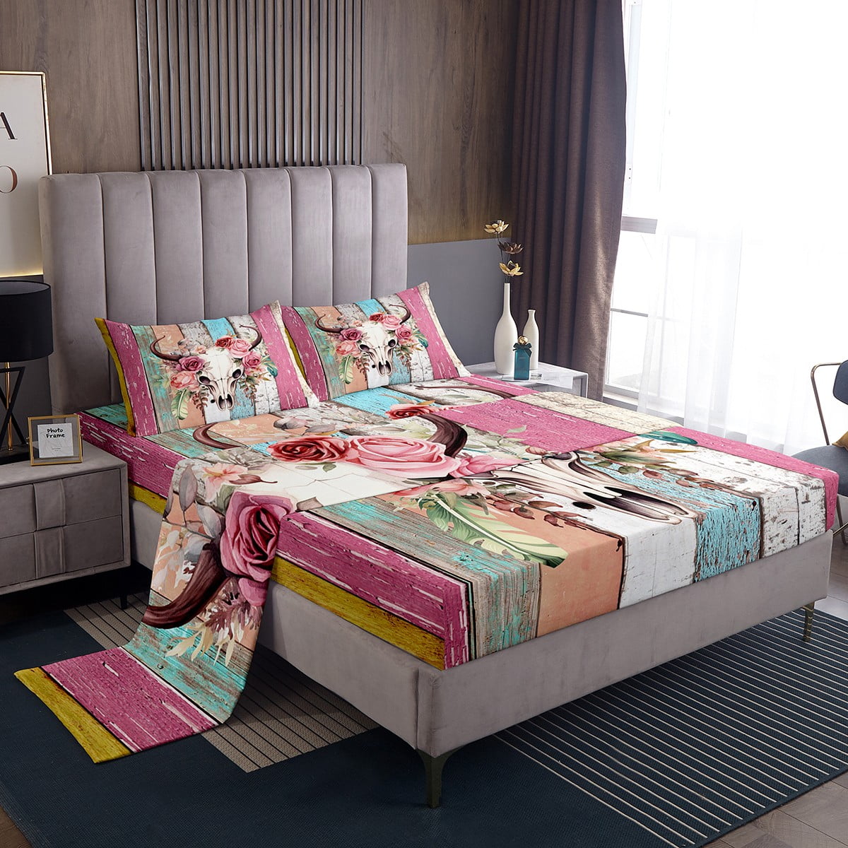 Erosebridal Bull Skull Bed Sheets Set Queen 4Pcs,Girly Pink Rose ...