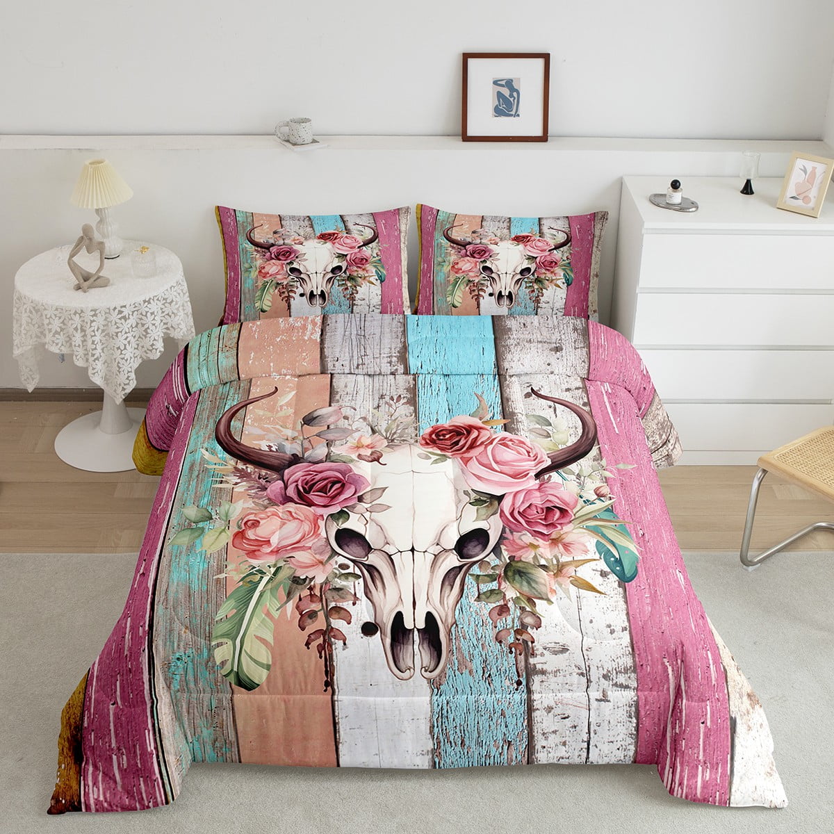 YST Bull Skull Comforter Set Queen 3Pcs,Girly Pink Rose Flowers Bedding ...