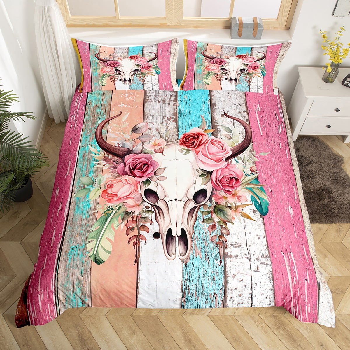 Erosebridal Bull Skull Duvet Cover King 3Pcs,Girly Pink Rose Flowers ...