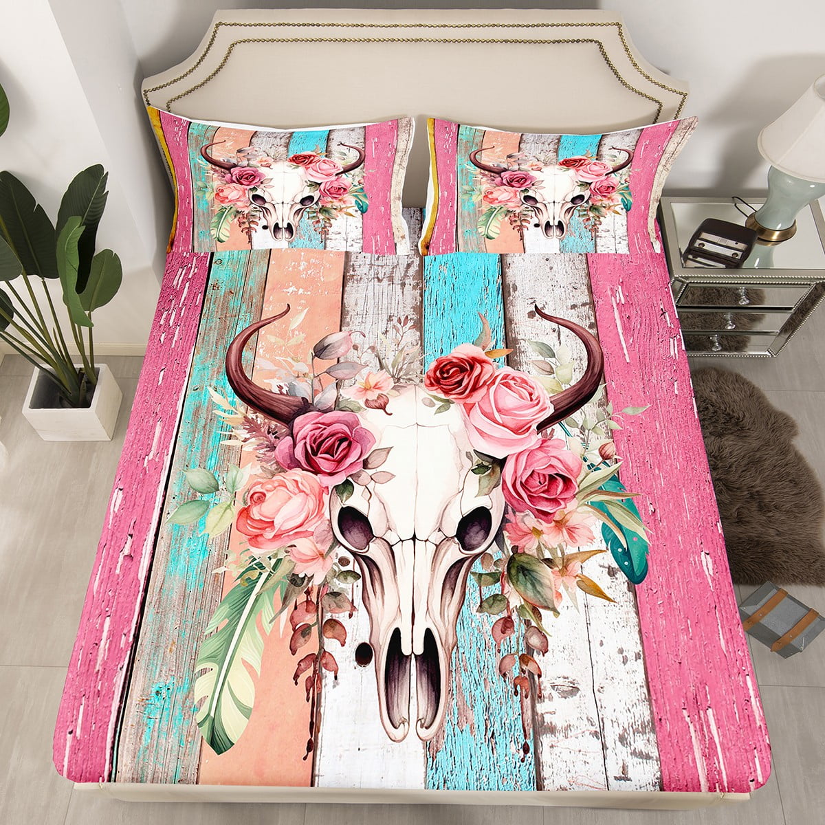 Bull Skull Fitted Sheet Twin 2Pcs,Girly Pink Rose Flowers Bed Sheets ...