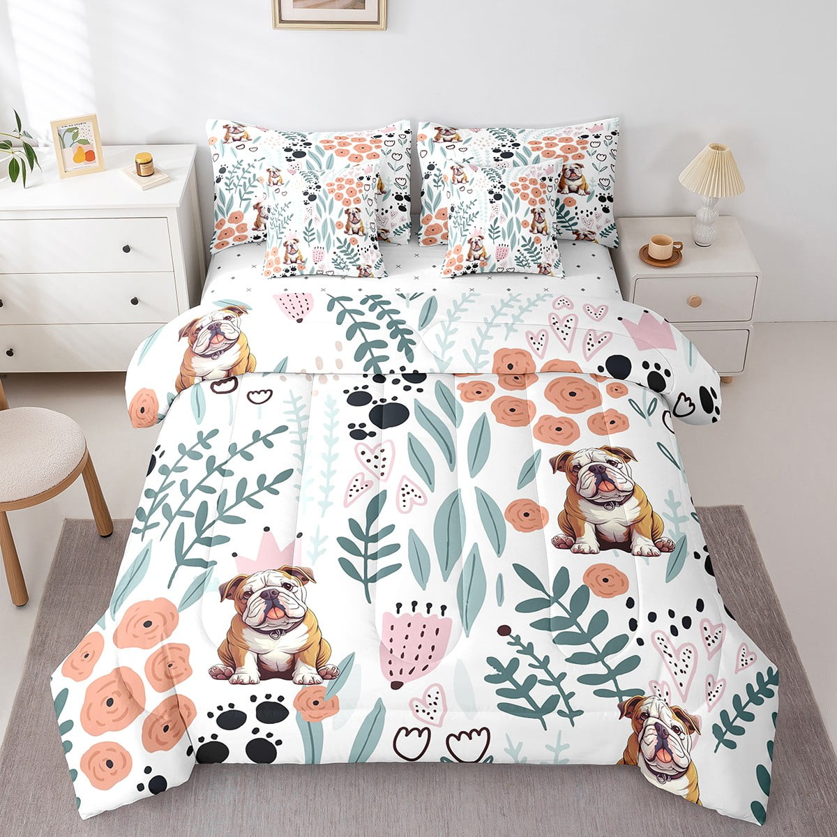 YST Bulldog Comforter Set Full 7 Piece Puppy Dog Bed in a Bag Paw Print ...