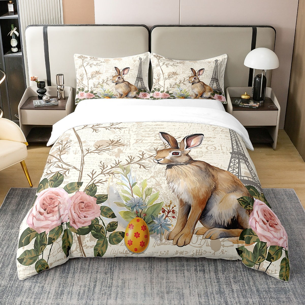 Erosebridal Bunny 100% Cotton Bedding Set Queen Size,Pink Rose Floral ...