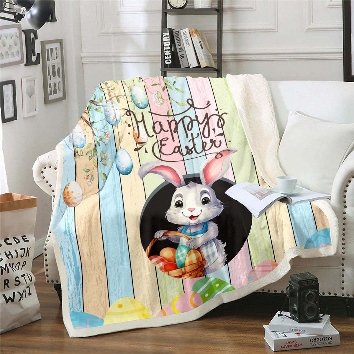 Bunny Throw Blanket Bedroom,Easter Rabbit Fleece Blanket,Rainbow Wooden ...