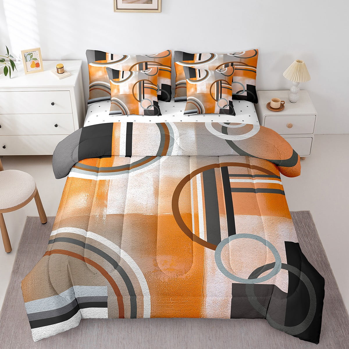 Burnt Orange Comforter Set King 7 Piece,Geometric Black Gray Bedding ...
