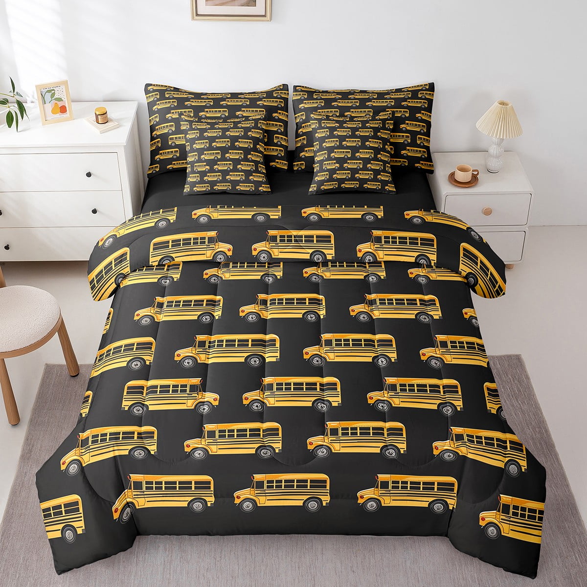 YST Bus Bedding Queen Size 7pcs, Cartoon School Bus Comforter Set Bed ...