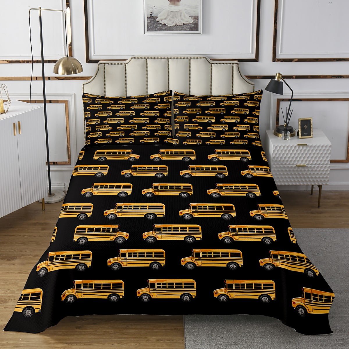 YST Bus Bedspread Set Twin Size, Cartoon School Bus Quilt Set For Bed ...