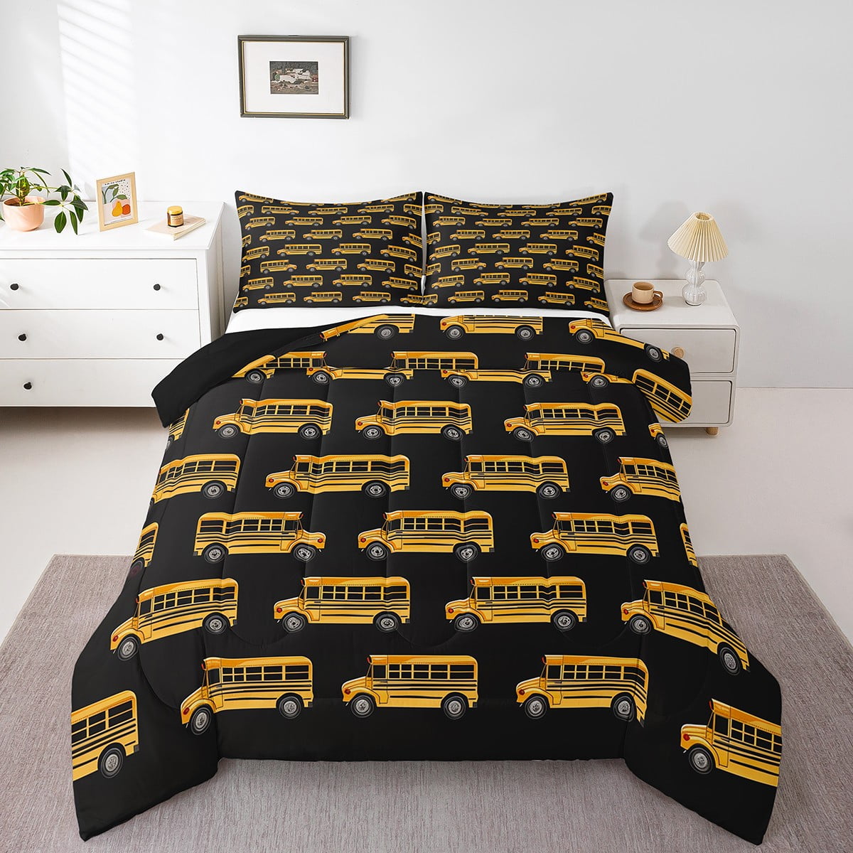 YST Bus Full Size Comforter Set, Cartoon School Bus Comforter For ...