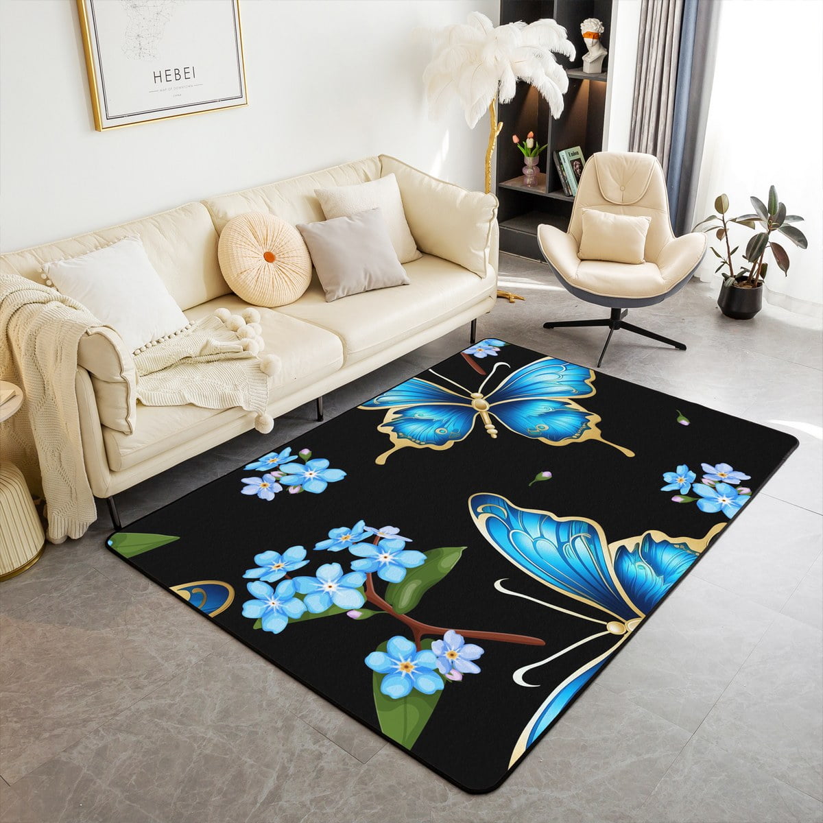 Erosebridal Butterfly Area Rug Rustic Carpet Blue Butterfly Decorative ...