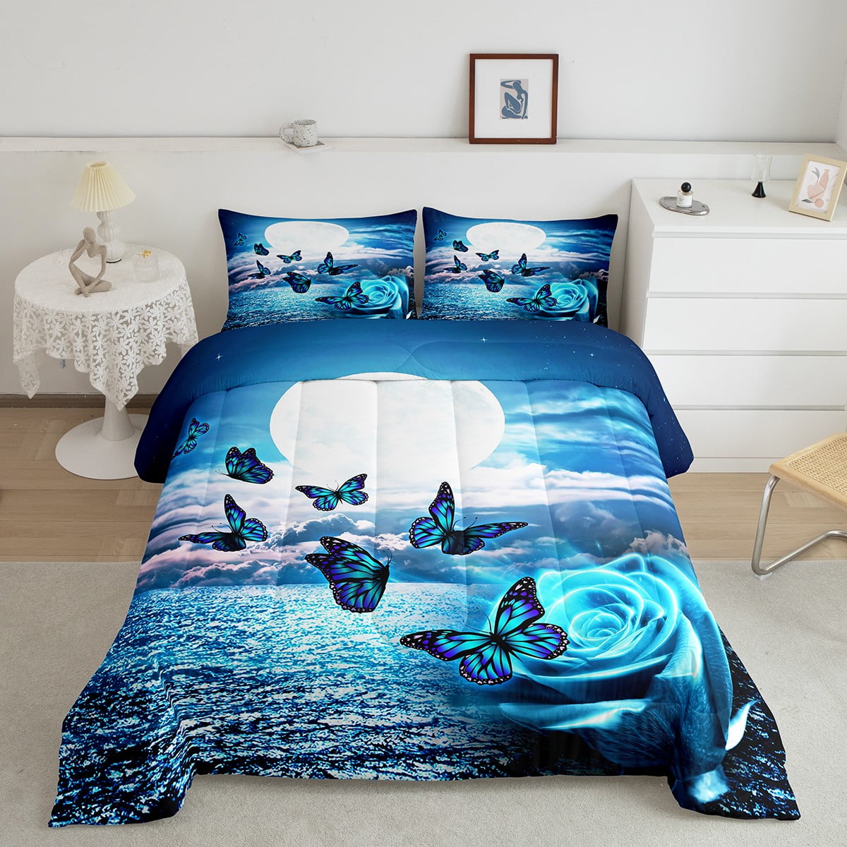 Erosebridal Butterfly Comforter Set Boho Moon Bedding Blue Floral ...
