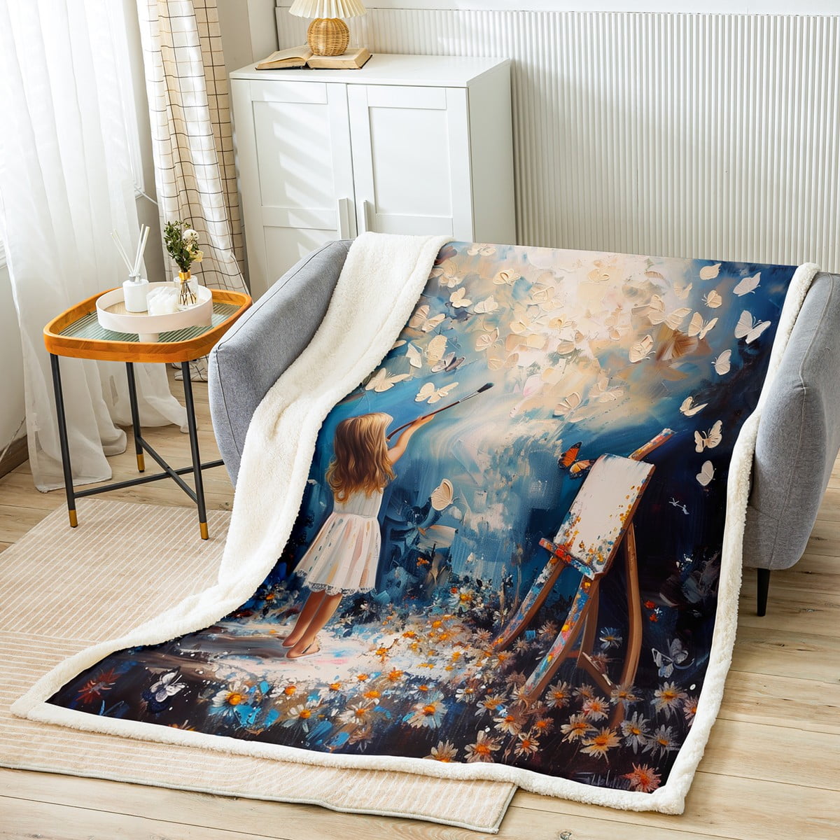 YST Butterfly Daisy Throw Blanket For Little Girl Queen 90"X90",Oil Painting Fantasy Fleece ...