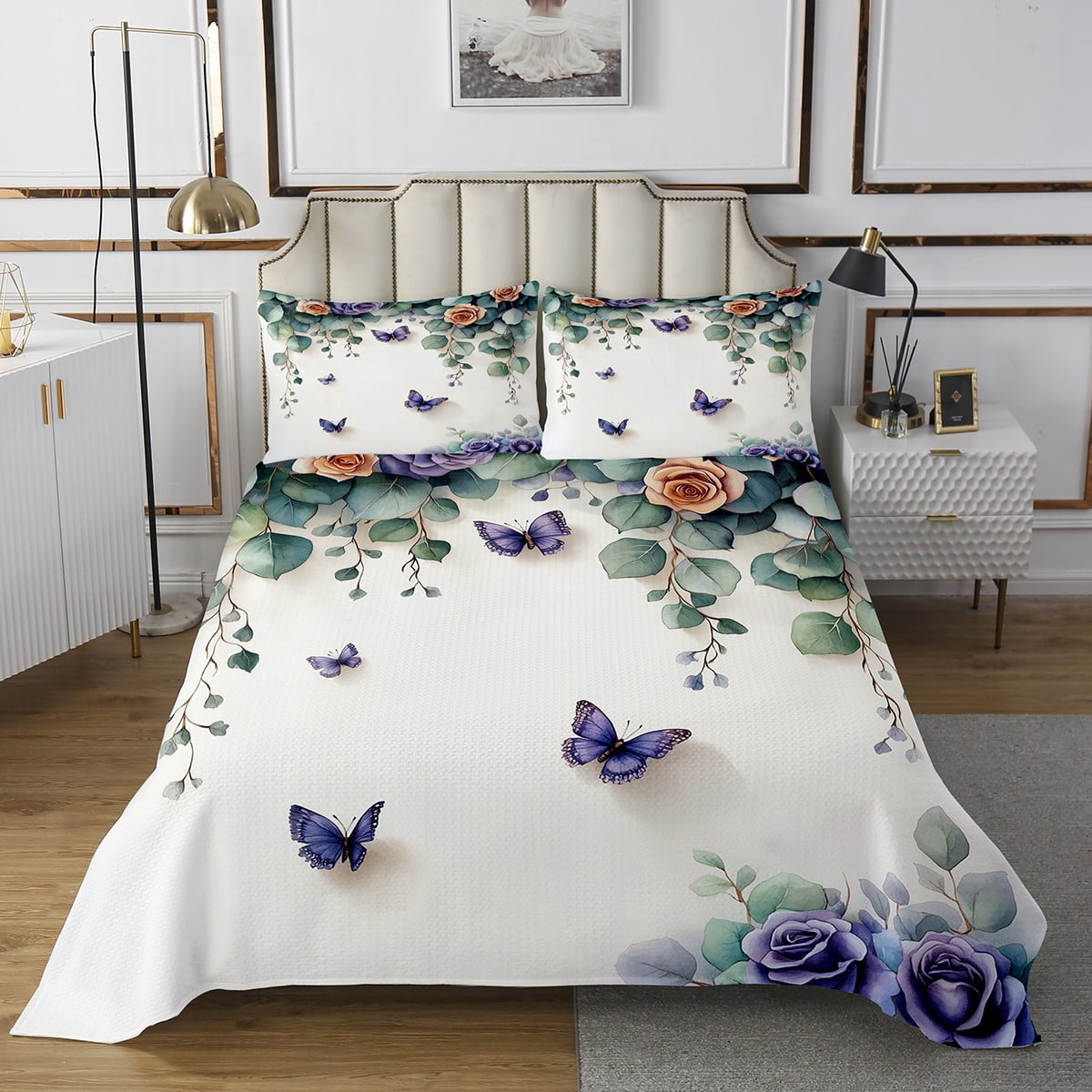 YST Butterfly Floral Queen Quilt Set,Pink Purple Flower Plant Bedding ...