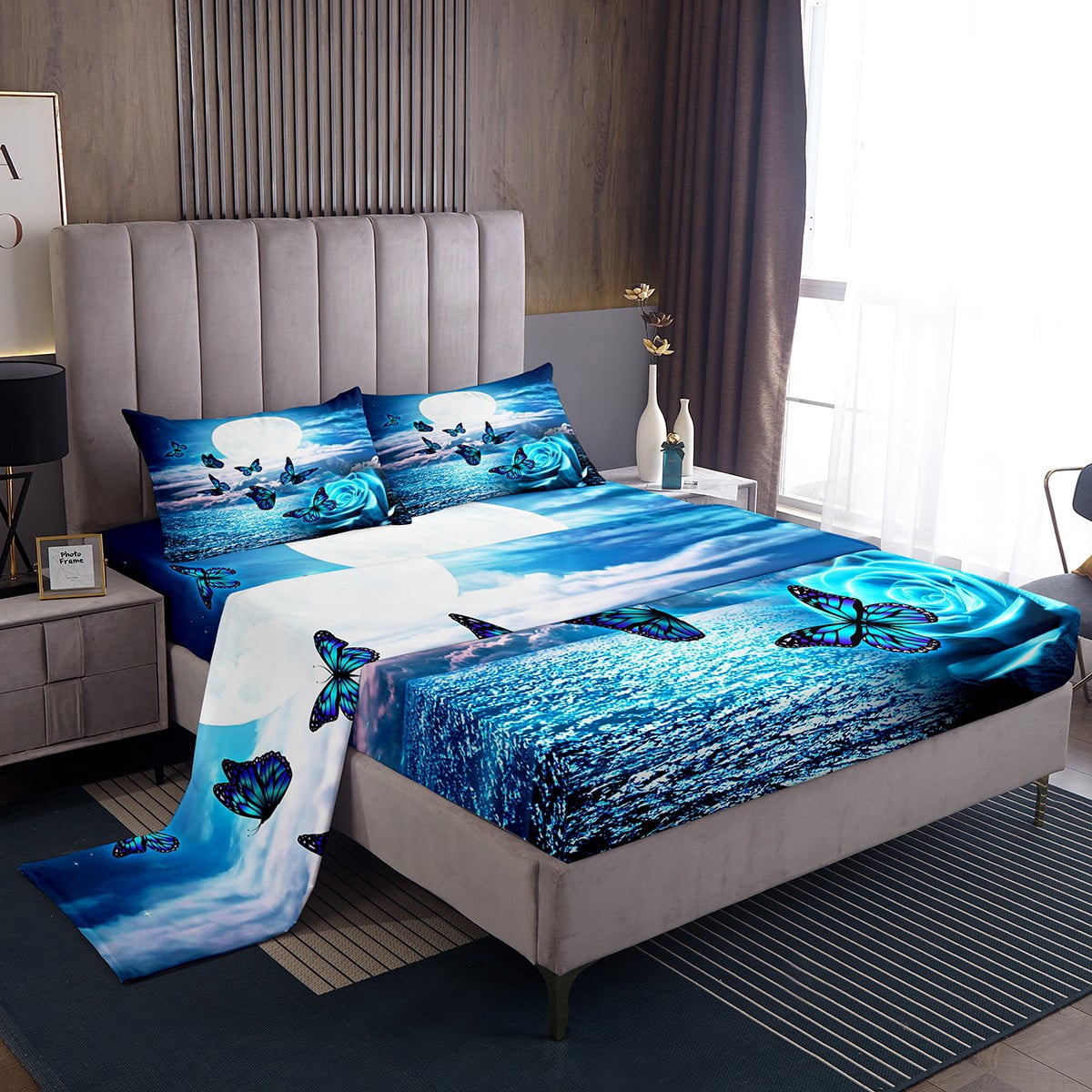Butterfly Sheet Set Boho Moon Sheets Blue Floral Bed Sheets Set Youth ...