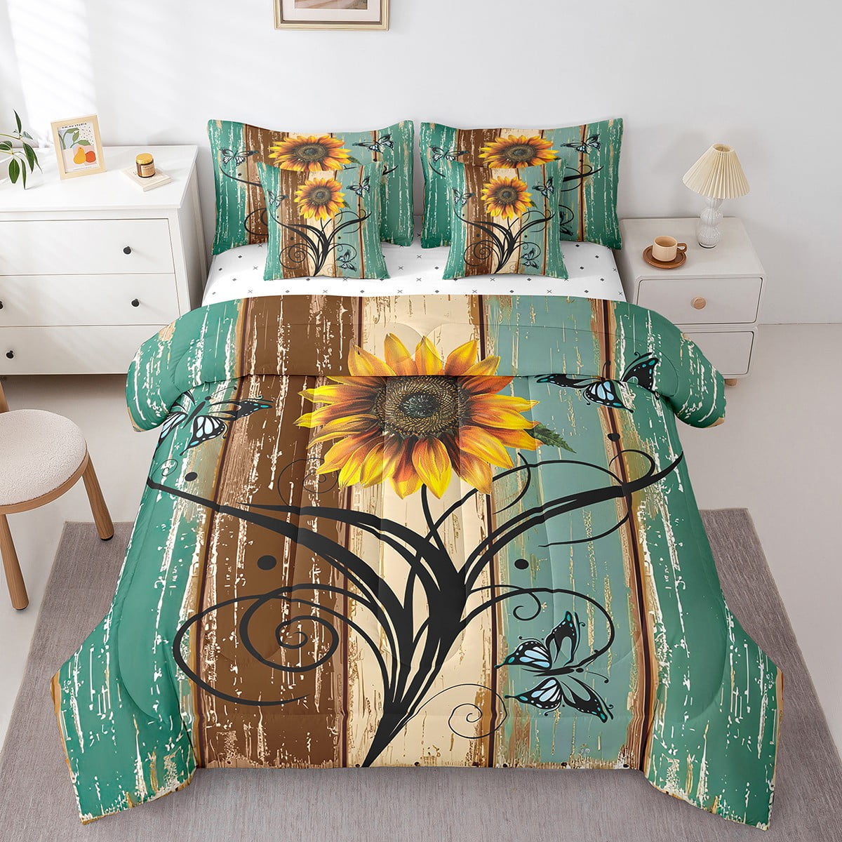 Butterfly Sunflower Bed In A Bag Full Country Cabin Comforter Set 7 Piece Rustic Farmhouse ...