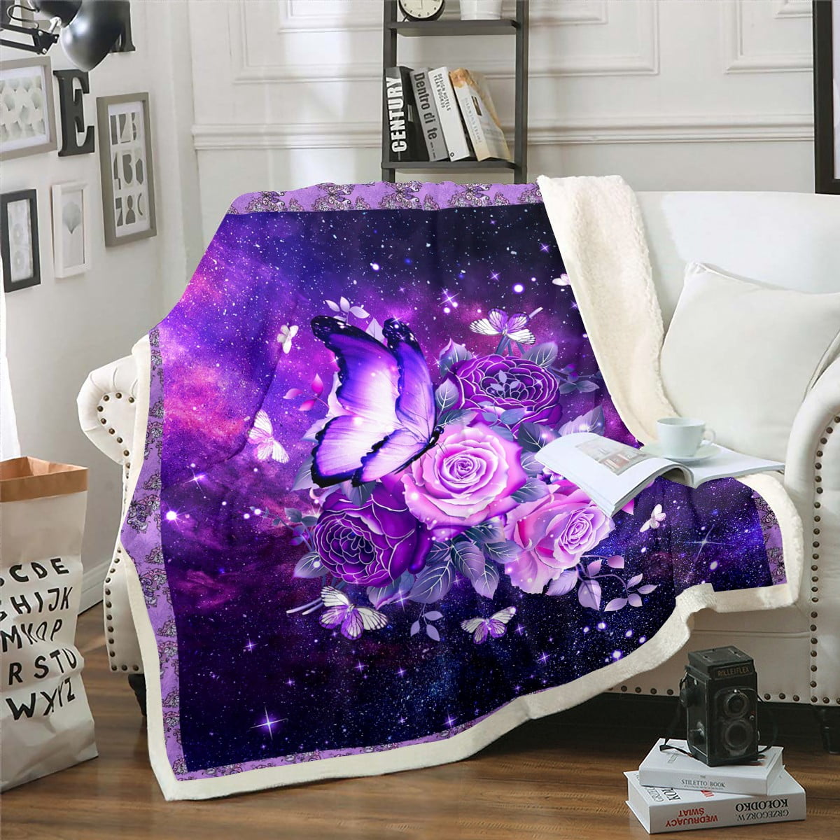 Butterfly Throw Blanket Women,Purple Galaxy Butterflies Fleece Bed ...
