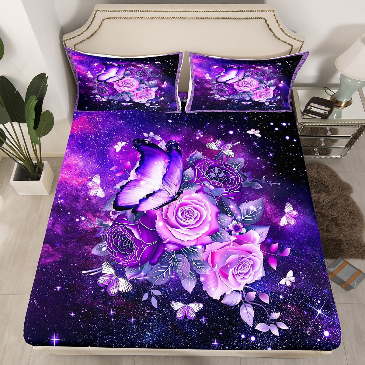 Butterfly Twin Bed Sheets Women,Purple Galaxy Butterflies Bedding Sets ...