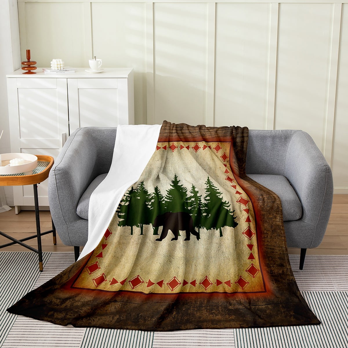 YST Cabin Bear Fleece Blanket Queen Size Rustic Throw Blanket Bear Botanical Tree Pattern Bed ...