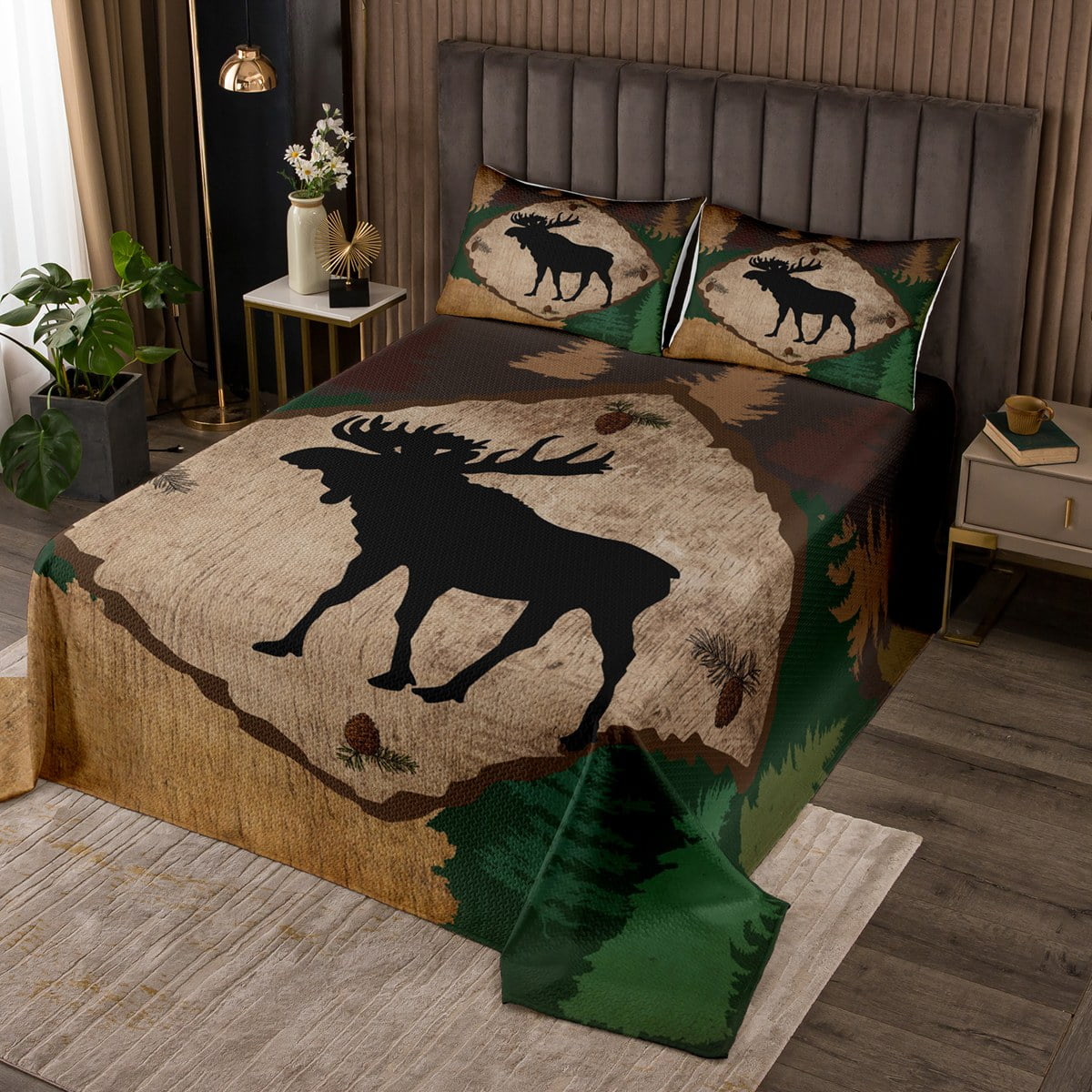 Erosebridal Cabin Decor Animal Moose Coverlet Set Forest Trees ...