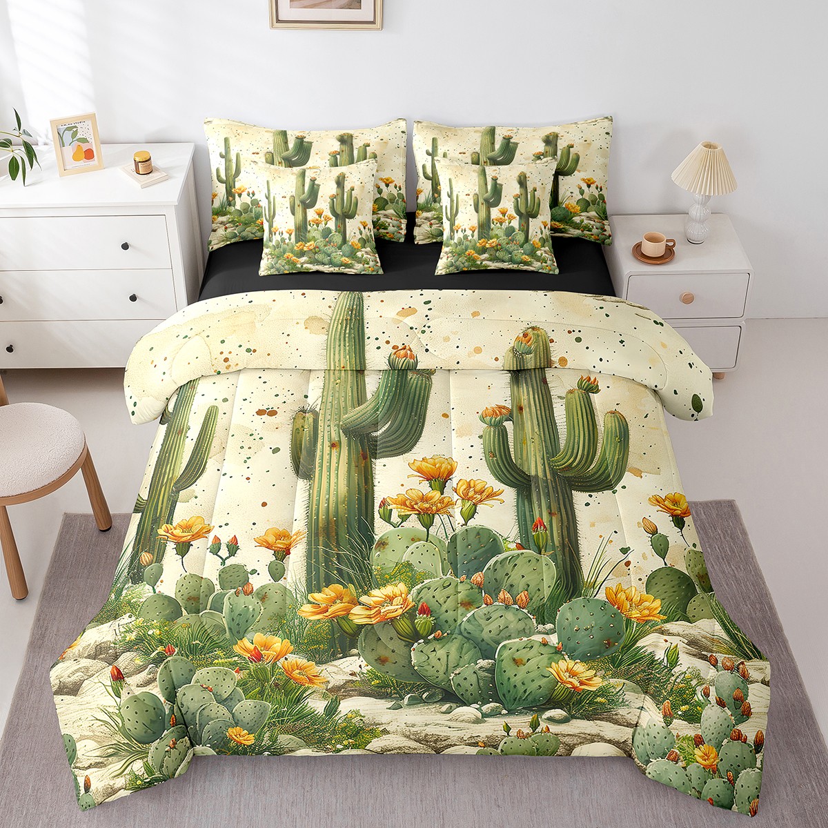 Cactus Retro Bedding Sets, Rustic Plants Petals Comforter Set 7-Piece ...