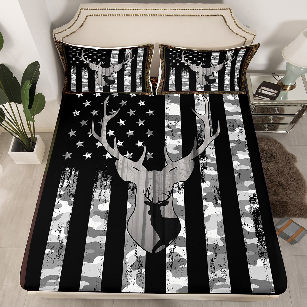 YST Camo American Flag Fitted Sheet Full Size,Vintage Grey Black ...
