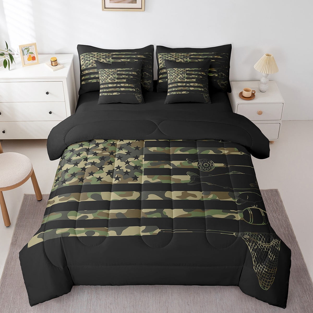 Camo Fishing Bedding Set Queen 7 Piece,Army Green Camouflage American ...