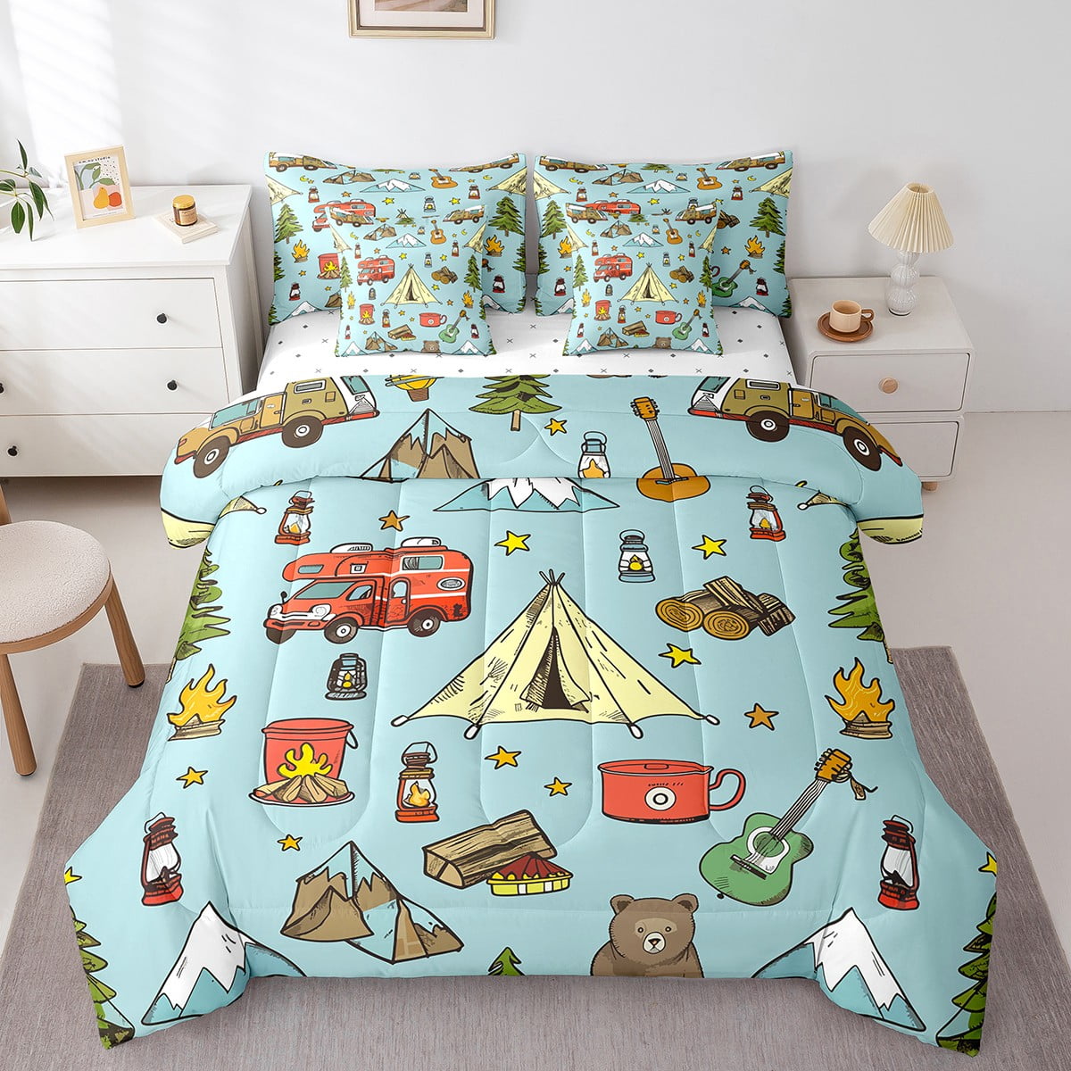 YST Camper Bedding for Travel Trailers Bunk,Happy Camping 7 Pcs Comforter Set Queen Bed in a Bag ...