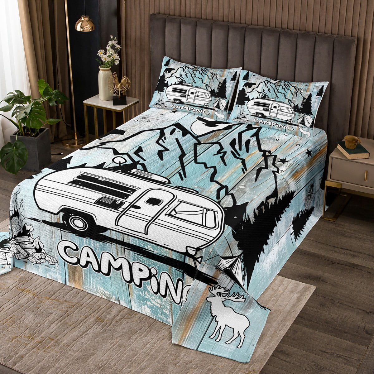 YST Camper Bedspread Set Queen for Boys Girls Happy Camping Quilt Set,Rustic Wood Teal Neutral ...