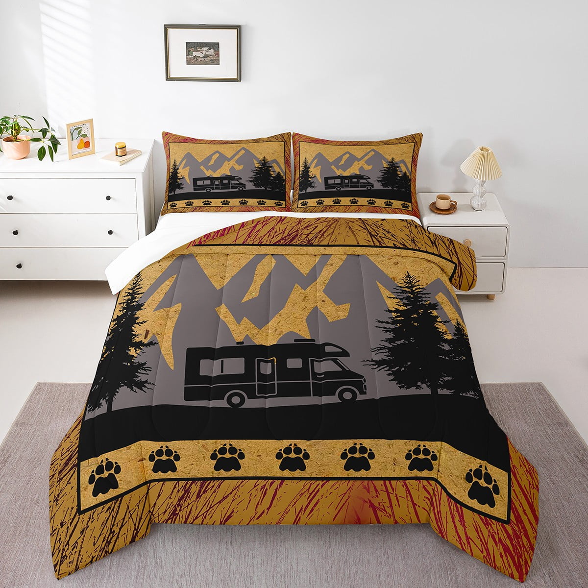 YST Camper Decor Comforter Set, Rv Happy Camping Bedding Set Rustic ...